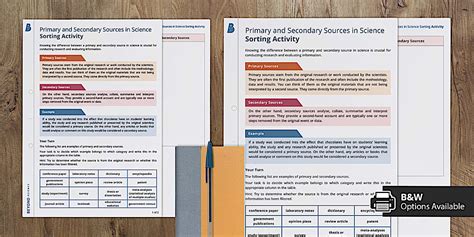 Primary And Secondary Sources In Science Sorting Activity