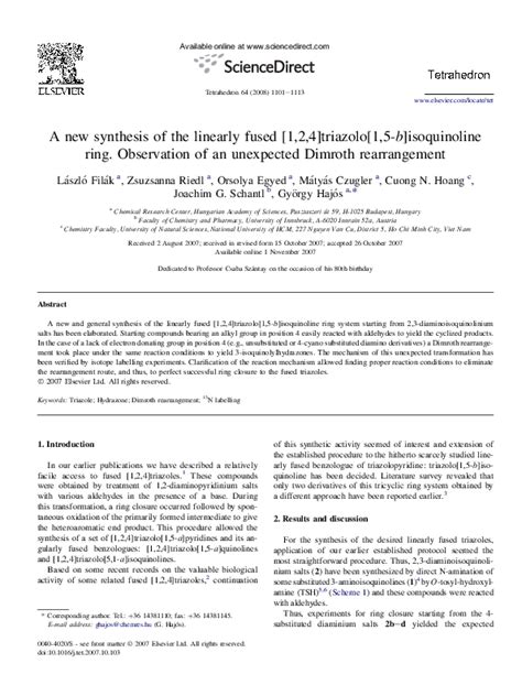Pdf A New Synthesis Of The Linearly Fused [1 2 4] Triazolo [1 5 B