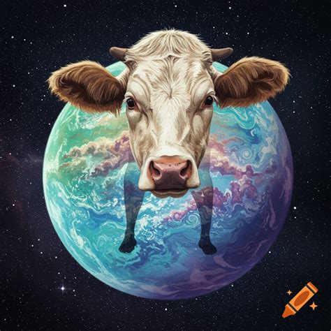 A Cows Head On A Planets Body With Human Feet Floating In Space On