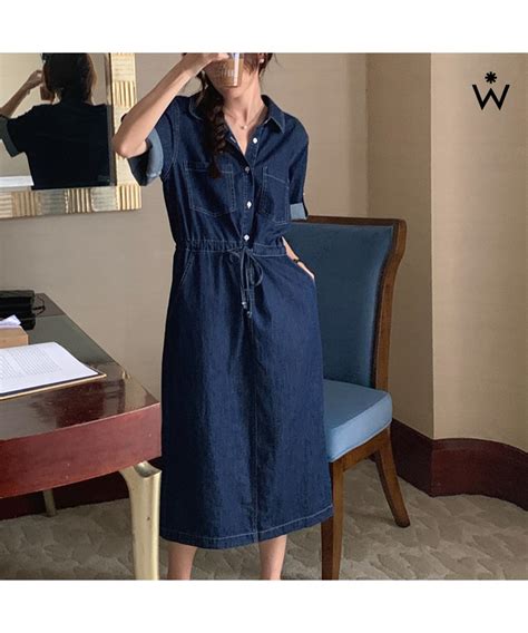 반 오픈 스트링 롤업 데님 셔츠 원피스 Wiaaop096