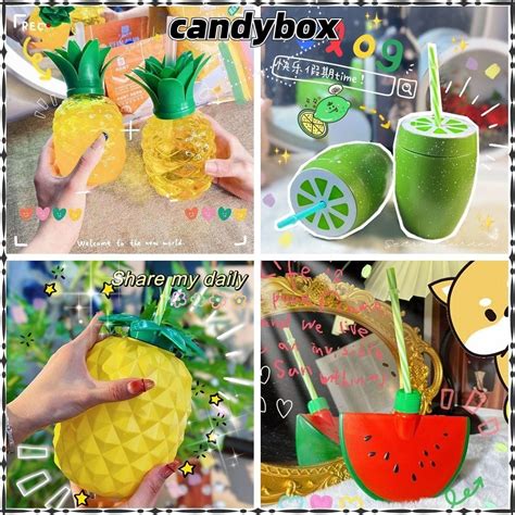 แคนดี้บ็อกซ์ ถ้วยฟาง แตงโมมะนาวขวดน้ําพลาสติกเกรดอาหาร ของขวัญน้ําเย็นการ์ตูนผลไม้ชานมน้ํา