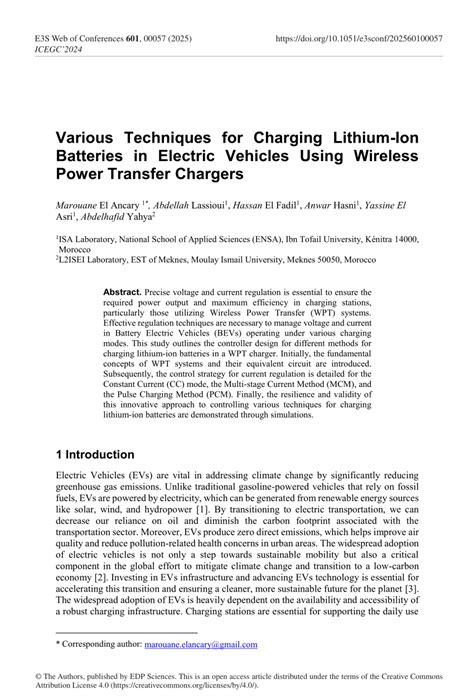 Pdf Various Techniques For Charging Lithium Ion Batteries In Electric