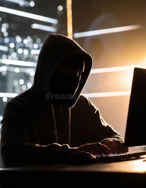 Silueta De Un Hacker Trabajando En Una Computadora En Un Cuarto Oscuro