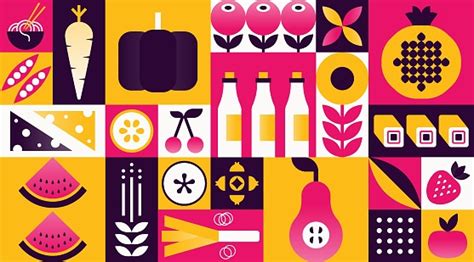 기하학적 인 음식 모자이크 배경 천연 녹색 유기농 과일 야채 패턴 스위스 바우 하우스 스타일 벡터 일러스트 레이 션 음식에 대한