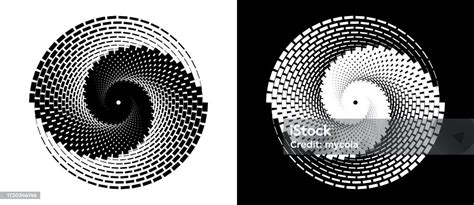 원형에 사각형이 있는 추상적인 배경 아트 디자인은 로고 또는 아이콘으로 나선형입니다 흰색 바탕에 검은색 그림과 검은색 면에 똑같이 흰색 그림 개념에 대한 스톡 벡터 아트 및