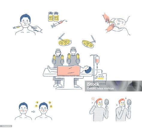 미용 피부과 및 성형 수술의 다양한 장면의 일러스트 세트 남자에 대한 스톡 벡터 아트 및 기타 이미지 남자 수술실 보톨리눔 독소 주사 Istock