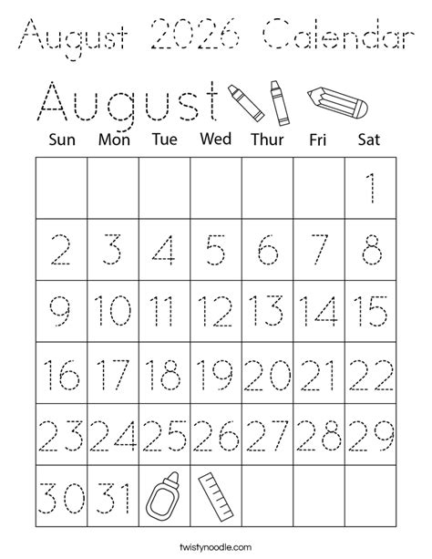 August 2026 Calendar Coloring Page Tracing Twisty Noodle