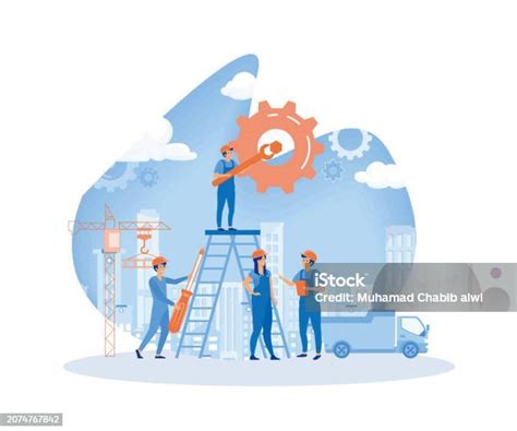 노동자 커플 회전 톱니바퀴 팀워크 프로세스 개념 남자 여자 작업복 수리 메커니즘 플랫 벡터 현대 일러스트 레이 션 가득 찬에