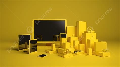 모바일 노트북 및 컴퓨터 장치에서 온라인 쇼핑을 위한 반응형 디자인의 노란색 3d 렌더링 개념 사진 및 무료 다운로드를위한 그림 Pngtree