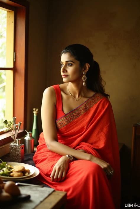 Indian Wife In Half Saree Sitting On The Kitchen Slab Looking At View