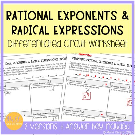 Rewriting Rational Exponents And Radical Form Differentiated Circuit Worksheet For Algebra 2