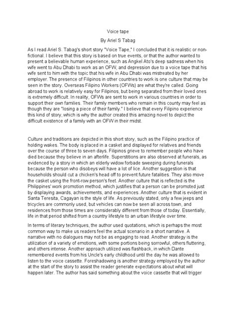 Critique Paper On Ariel Tabags Short Story Voice Tape Pdf Funeral