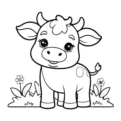 귀여운 소 카와이 ⁇ 터 어린이 색칠 페이지 프리미엄 벡터