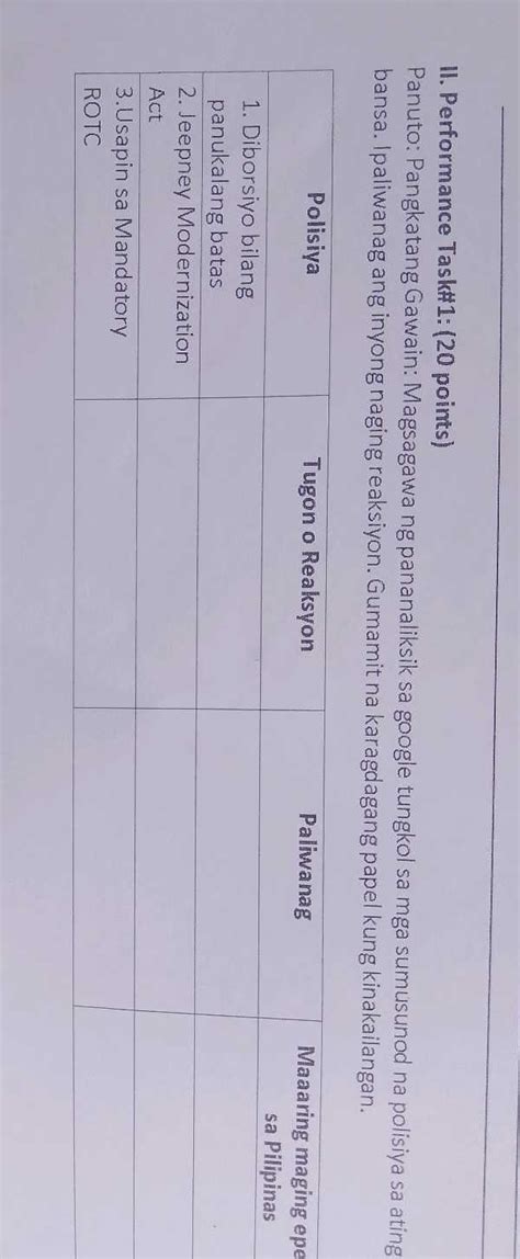 II Performance Task Points Panuto StudyX