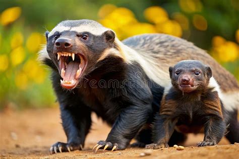 Angry Honey Badger Mother And Cub In Natural Habitat Stock Illustration