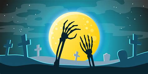 할로윈 배너 어두운 하늘에 대한 보름달 비행 뱀파이어 박쥐와 무덤의 실루엣 묘지와 달빛에 좀비 뼈에 십자가 10월에 대한 스톡 벡터 아트 및 기타 이미지 Istock