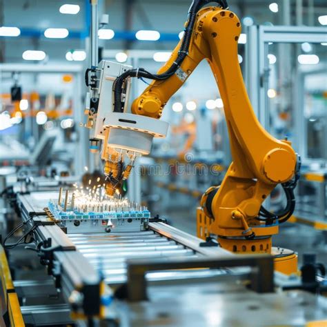 Robotic Arm Assembling Electronic Circuit Boards In A Modern Factory Technology And Automation