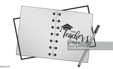 해피 월드 교사의 날 인사말 카드 글로브 졸업 모자 펜과 흰색 배경에 종이 노트북 교육 포스터 배너 또는 전단지를 위한 디자인 벡터 스쿨 일러스트레이션 개념에 대한 스톡