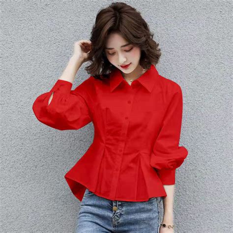 Long Sleeve Shirt Women Fashion Simple Red Blouse Korean Style Office