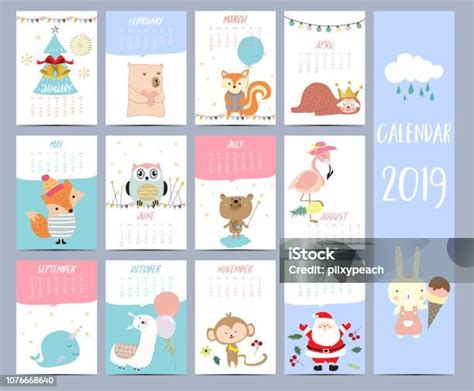 낙서 캘린더 설정 2019 산타 클로스와 크리스마스 트리 곰 다람쥐 나무늘보 여우 올빼미 라마 원숭이 토끼 플라밍고 어린이 들을 위한 인쇄용 그래픽에 사용할 수 있습니다 0