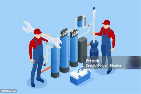 집 개념에 물 여과의 등소 측정 설치 또는 수리 시스템 정화 삼투압 시스템을 수정합니다 식수 위생 작업 집에서 엔지니어링 네트워크 수리에 대한 스톡 벡터 아트 및 기타