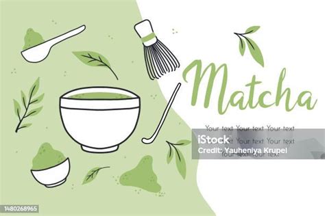 말차 전단지 녹차와 벡터 그림입니다 말차 라떼와 머그잔 녹색 말차 머그잔이 있는 포스터 가루로 빻은에 대한 스톡 벡터 아트 및