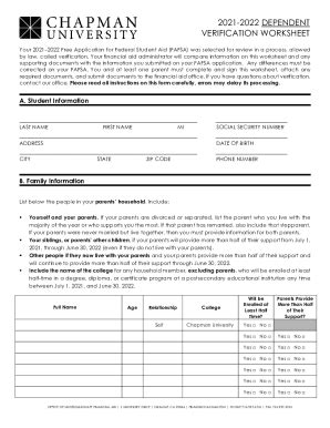 Fillable Online Verification Worksheet Dependent Student Fax