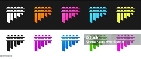 흑백 배경에 격리된 팬 플루트 아이콘을 설정합니다 전통적인 페루 악기 잠폰 페루 볼리비아 멕시코의 민속 악기 벡터 팬파이프에