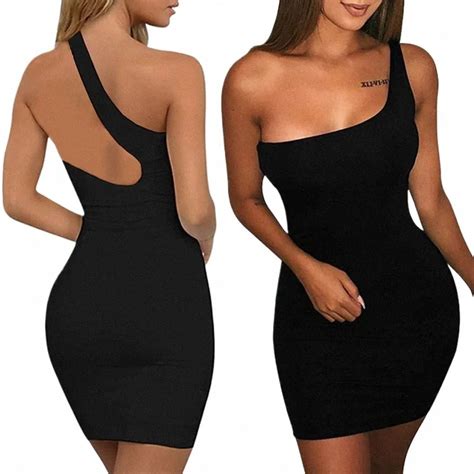 Sultry One Shoulder Bodycon Dress Womens Sexy Black Hip Wrap Mini