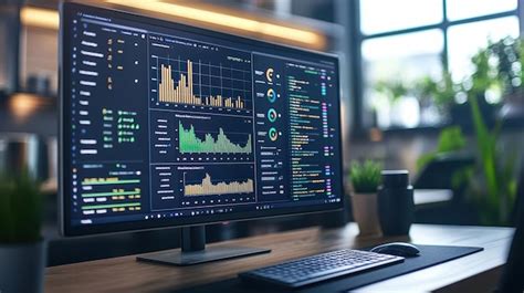 Modern Desktop With Data Analytics Charts And Code On Monitor Premium