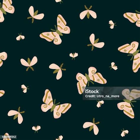 밤 나비와 나 방 완벽 한 패턴입니다 아름 다운 로맨틱 인쇄입니다 어두운 직물 디자인입니다 벡터 일러스트입니다 꽃무늬에 대한 스톡 벡터 아트 및 기타 이미지 Istock