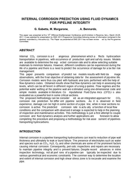 Internal Corrosion Prediction Using Fluid Dynamics For Pipeline Integrityomc 2011 122 Pdf