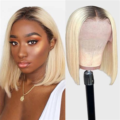 1b 613 레이스 프런트 인모 가발 옴브레 허니 블론드 13x6 밥 가발 스트레이트 레미 브라질 사전 발모 짧은 가발 흑인 여성용인모 레이스 가발