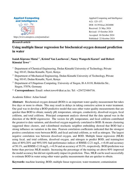 Pdf Using Multiple Linear Regression For Biochemical Oxygen Demand Prediction In Water