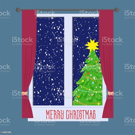 메리 크리스마스 엽서 템플릿입니다 창문에서 바라보는 스마트 가문비나무 밤 눈 벡터 그림입니다 집에 대한 스톡 벡터 아트 및 기타 이미지 Istock