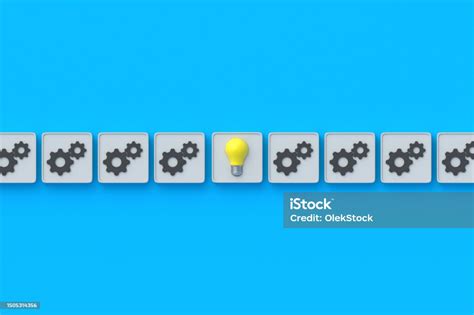 시작 개념입니다 버튼에 기어와 전구가 있습니다 혁신 아이디어 기술 혁신 새로운 생산 라인 기업 관리 비즈니스 솔루션 현대 기술 3d 렌더링 3차원 형태에 대한 스톡 사진 및