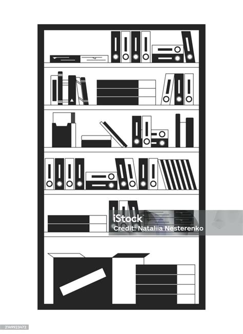 Bookcase Filled With Folders And Boxes 2d Linear Cartoon Object Stock