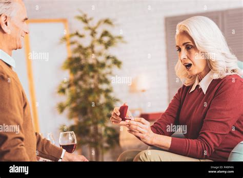 Surprising Present Beautiful Blonde Haired Wife Feeling Very Surprised