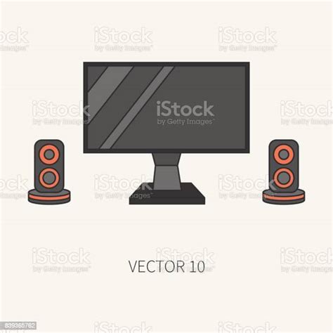 플랫 컬러 벡터 컴퓨터 부품 아이콘 Lcd 모니터 라인 만화입니다 디지털 게임 및 비즈니스 사무실 Pc 데스크톱 장치입니다 혁신 가제트입니다 스피커입니다 일러스트 레이 션