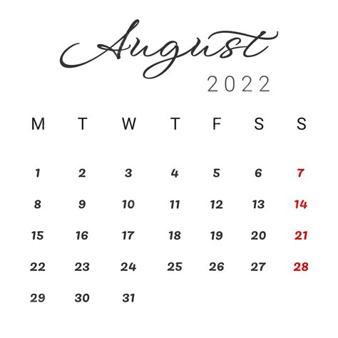 Календарь на август 2022 года простой и минималистичный Png август 2022 г в августе календарь