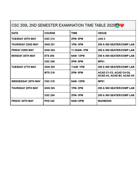 Csc 200l 2nd Semester Exam Time Table Updated Pdf