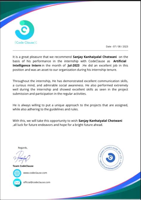 Codeclause Letterofrecommendation Intership Ai Sanjay Chotwani