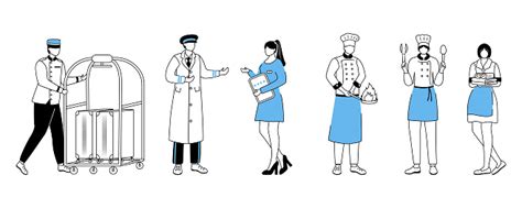 호텔 근로자 플랫 벡터 일러스트레이션 수하물 카트 리조트 매니저와 포터 도어맨 요리 기구가 있는 요리사 메이드 룸 승무원 화이트에 윤곽이 있는 서비스 물건 만화 캐릭터