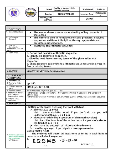 Dll Sample Format School Sta Maria National High School Extension Grade Level Grade 10