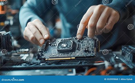 Hands Installing A Graphics Card Into A Computer Showing Close Up Stock Photo Image Of Repair
