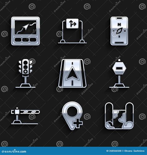 Set City Map Navigation Location Folded Stop Sign Parking Car Barrier Traffic Light