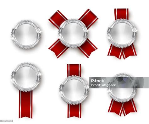 수상 메달 3d 사실적인 벡터 컬러 일러스트 세트 보상 빨간 리본은 은메달 인증 된 제품 품질 배지 빨간색 리본 엠블럼 우승자
