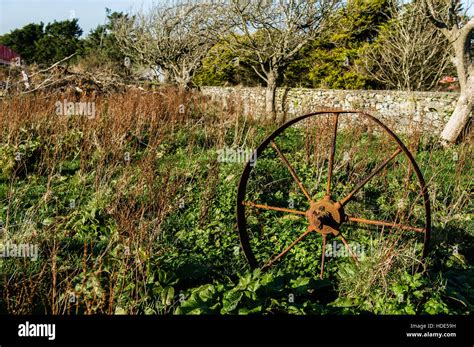 A Piece Of Rusty Old And Disused Farm Equipment In An Overgrown Field