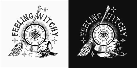 마법의 수정 구슬 세 번째 눈 빗자루 마녀 모자 별 텍스트 마녀 같은 느낌이 있는 할로윈 레이블 흑백 흑백 그림입니다 신비주의 오컬트 개념 빈티지 스타일 개념에 대한 스톡