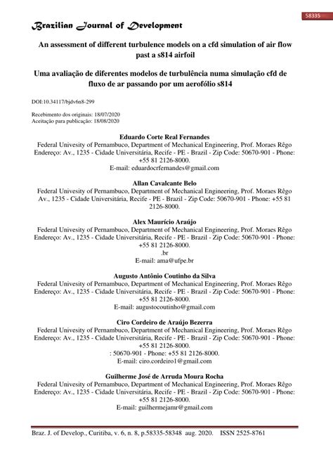 Pdf An Assessment Of Different Turbulence Models On A Cfd Simulation Of Air Flow Past A S814